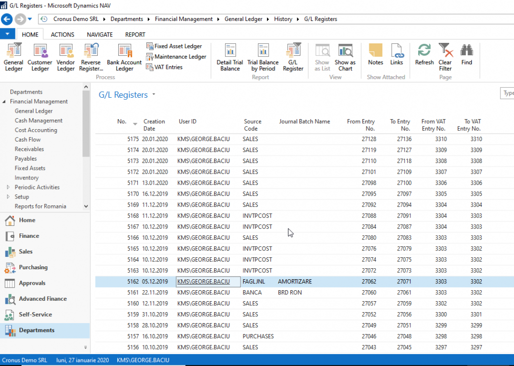 Dynamics NAV (Navision) - General Ledger Register